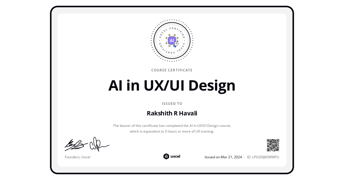 Certificate of completion for Enhancing UX Workflow with AI | Uxcel